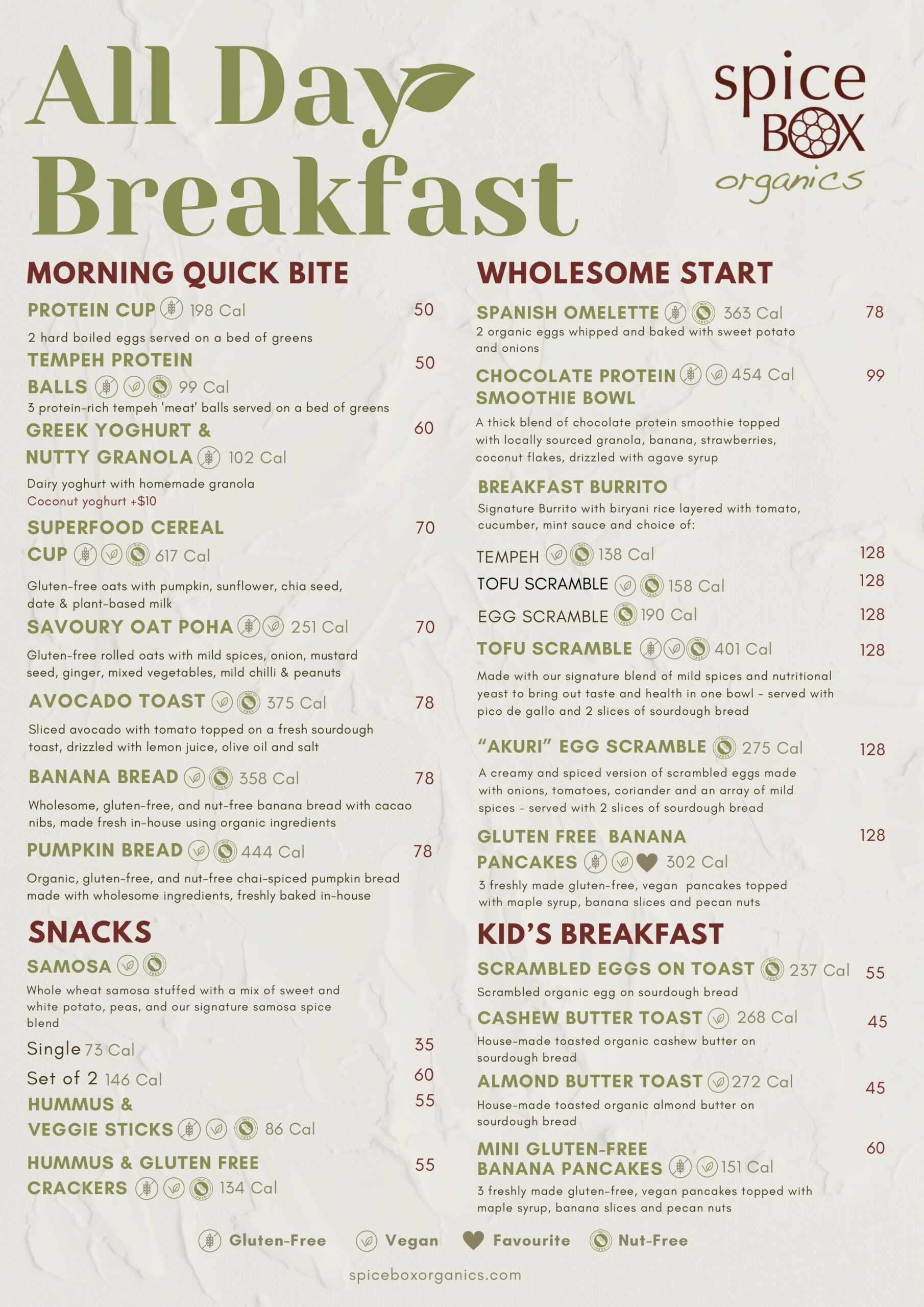 Organic gluten-free vegan healthy food menu by SpiceBox Organics